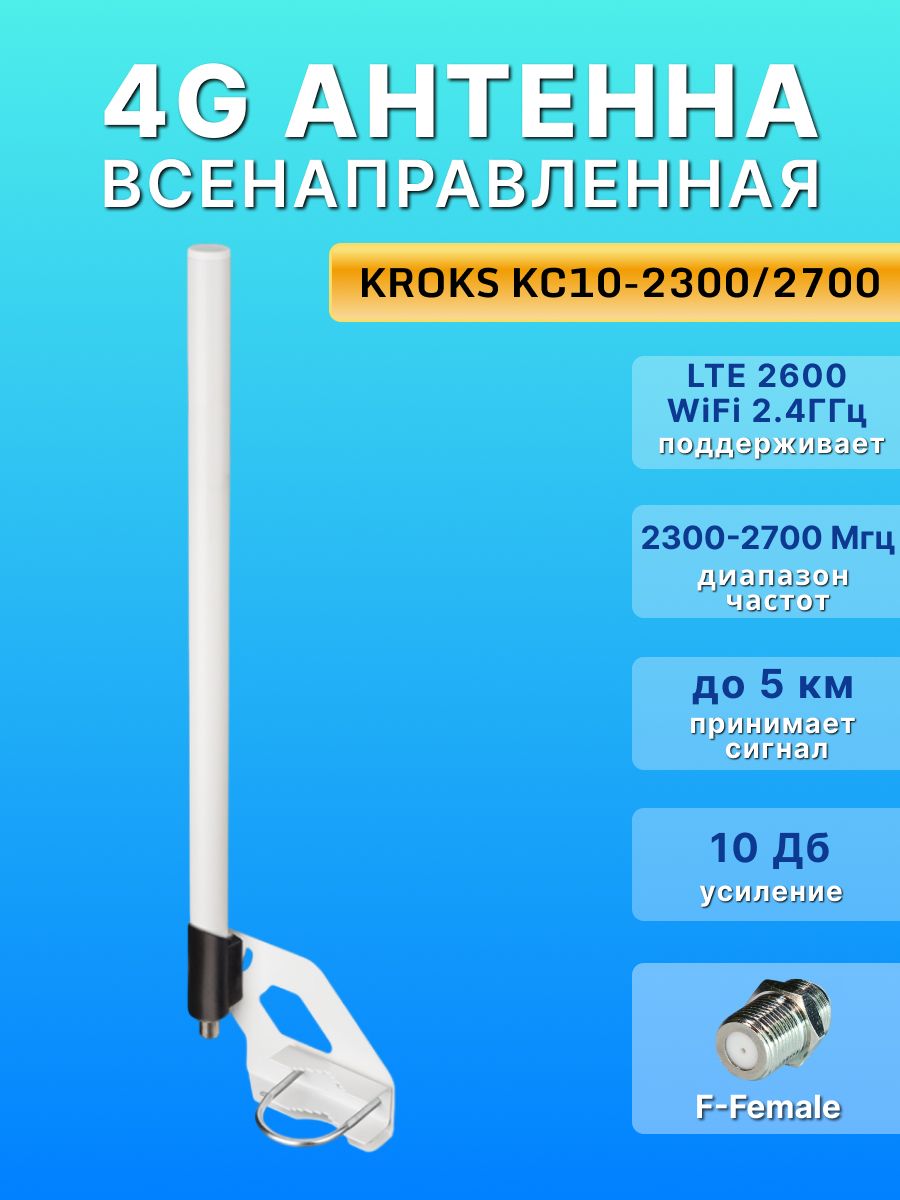 Антенна всенаправленная круговая 4G (LTE2600) WiFi 2.4 Ггц для wifi роутеров, усиление 10 Дб, KROKS KC10-2300/2700 (F-female)