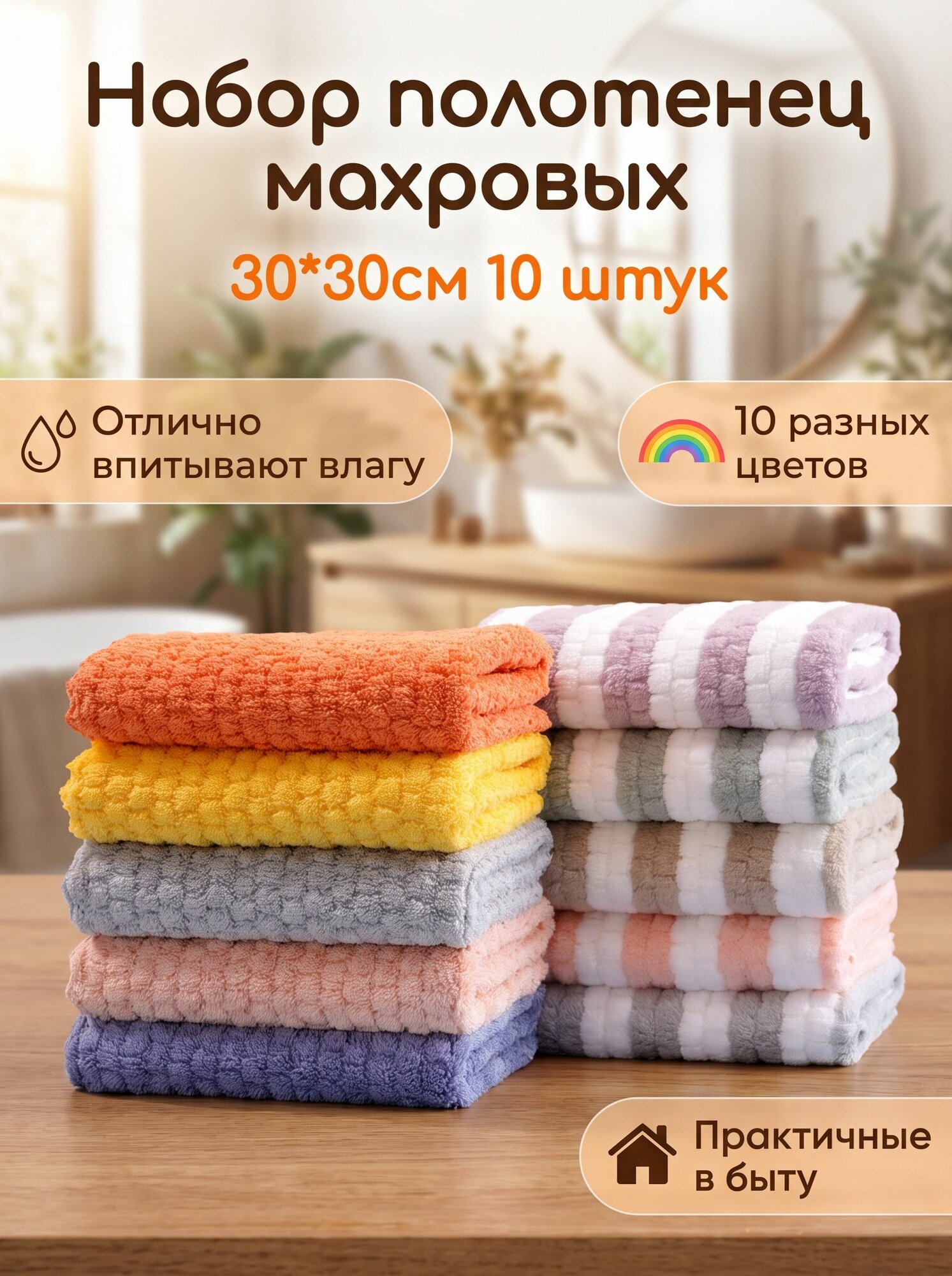 Полотенце кухонное 30x30 10 шт вафельная фактура корал-флис разноцветный