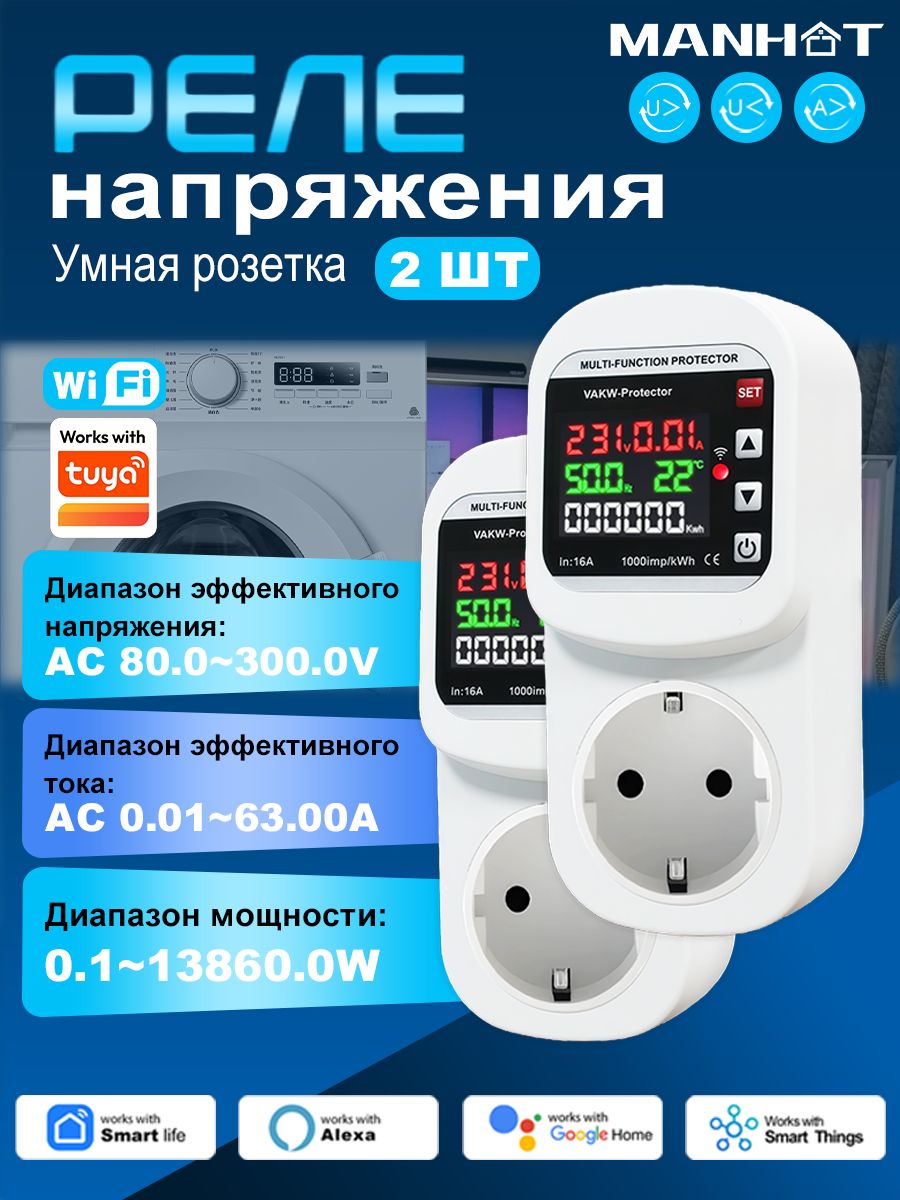 2 шт. Умная розетка с мониторингом потребления и защитой от перегрузок Tuya WiFi