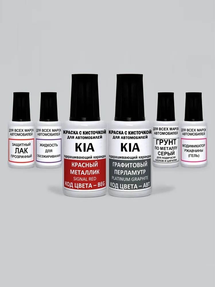 Краска для сколов во флаконе с кисточкой RAB KIA: BEG KIA Красный металлик, Signal Red и ABT KIA Графитовый перламутровый металлик, Platinium Graphite 2*20 мл. , краска+лак 6 предметов