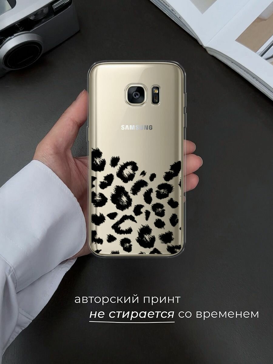 Чехол на Samsung Galaxy S7 / Самсунг Галакси С 7 с принтом "Окрас леопарда фон черный", прозрачный — фото 1