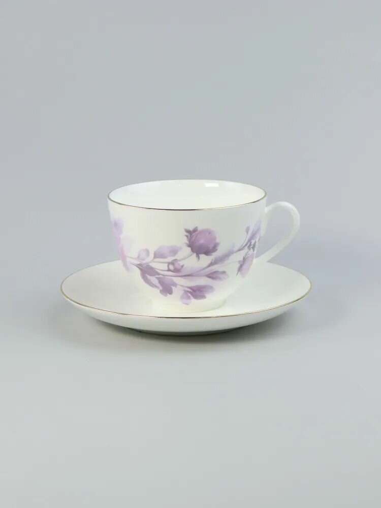 Чайная пара 250 мл. Форма "Весенняя - 2", рисунок "Нежный пион сиреневый". Чашка для чая. Костяной фарфор. Императорский фарфоровый завод ИФЗ ЛФЗ