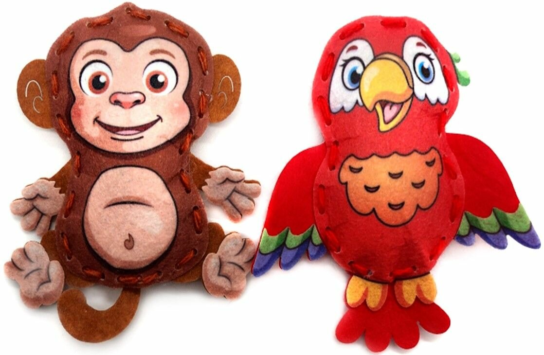 Набор для творчества и поделок Smile Decor "Шьем сами. Попугай и обезьяна" из фетра, комплект заготовок для рукоделия, изготовления, создания и шитья мягких игрушек