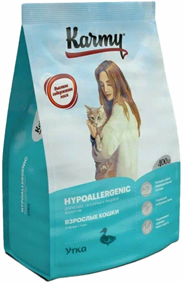 Корм сухой Karmy Hypoallergenic гипоаллергенный для взрослых кошек, утка, 400 г