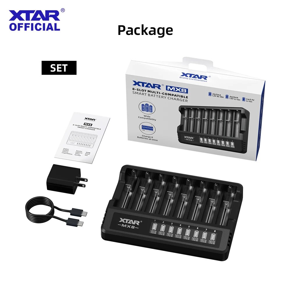 XTAR MX8 Зарядное устройство 8 слотов, MX8-PD 20-EU