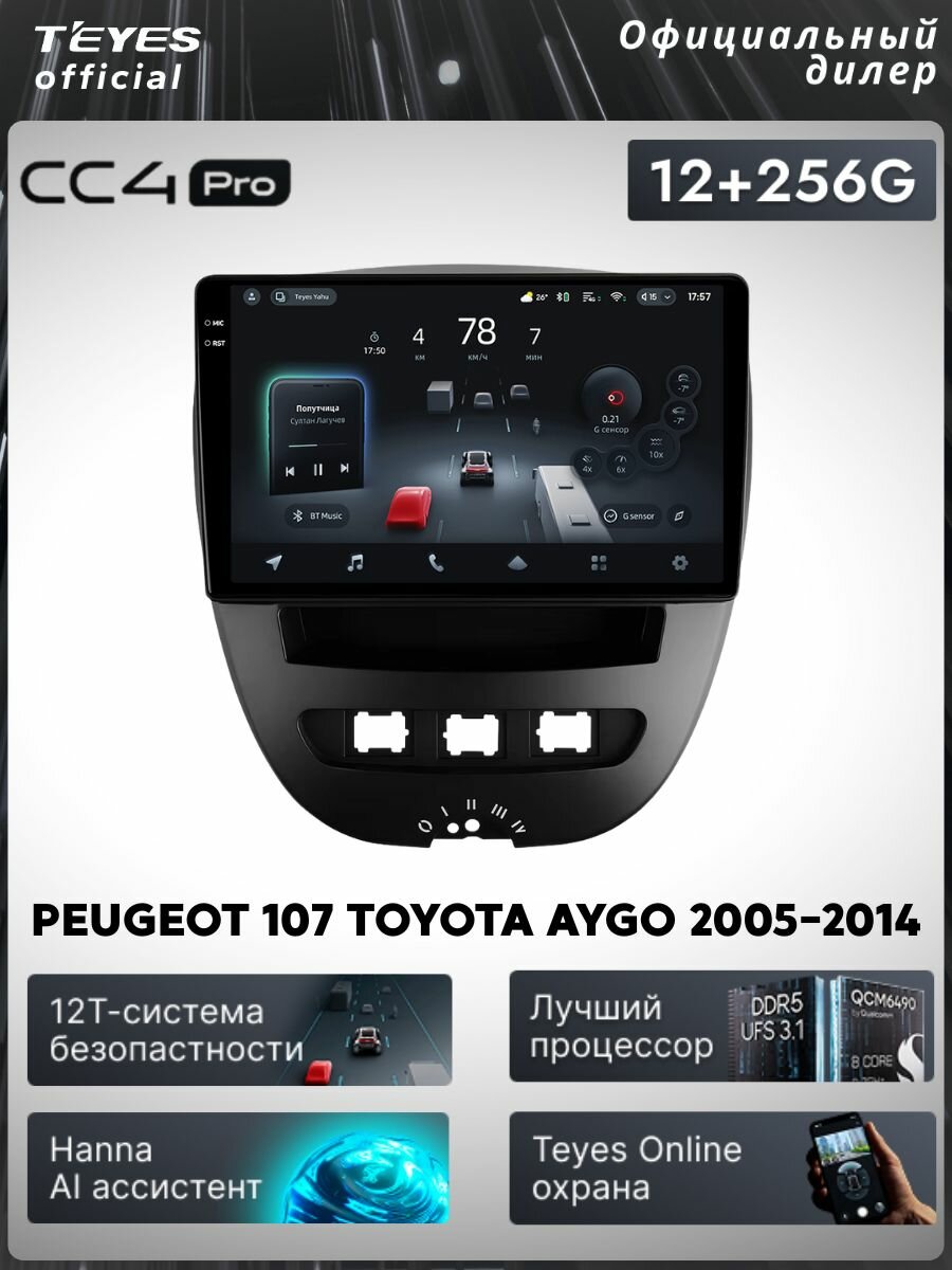 Магнитола Peugeot 107 Toyota Aygo 2005-2014 Teyes CC4 Pro 12/256GB, штатная магнитола, 8-ми ядерный процессор, QLED эк