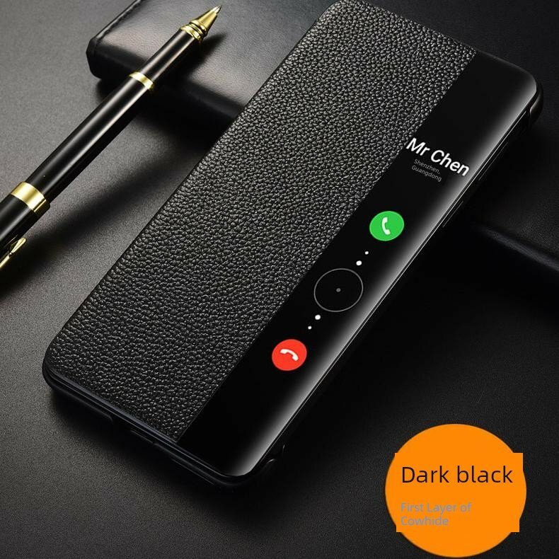 Чехол Huawei Mate 70RS из натуральной кожи с функцией Smart Flip и окном для обзора, матовый черный для защиты смартфона