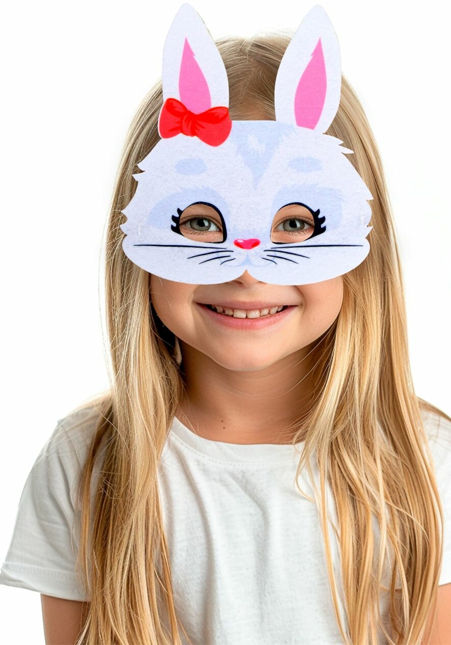 Маска карнавальная из фетра "Зайка" с бантиком и ушами на резинке для детей, аксессуар для сюжетно-ролевых игр и детских праздников