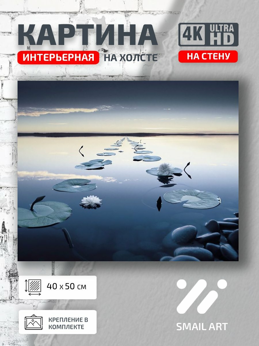 Картина на холсте интерьерная 40 на 50 на стену Кувшинки Landscape для кафе пейзаж интерьер