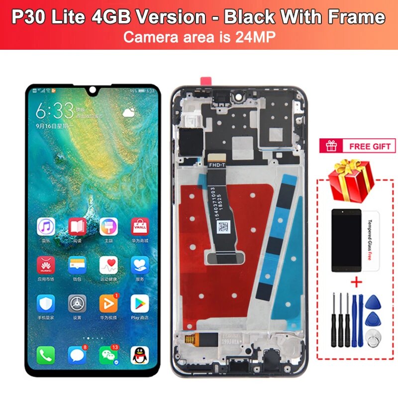 ЖК-дисплей для HUAWEI P30 Lite, ЖК-дисплей, сенсорный экран для HUAWE Черный, 24MP-Black-frame