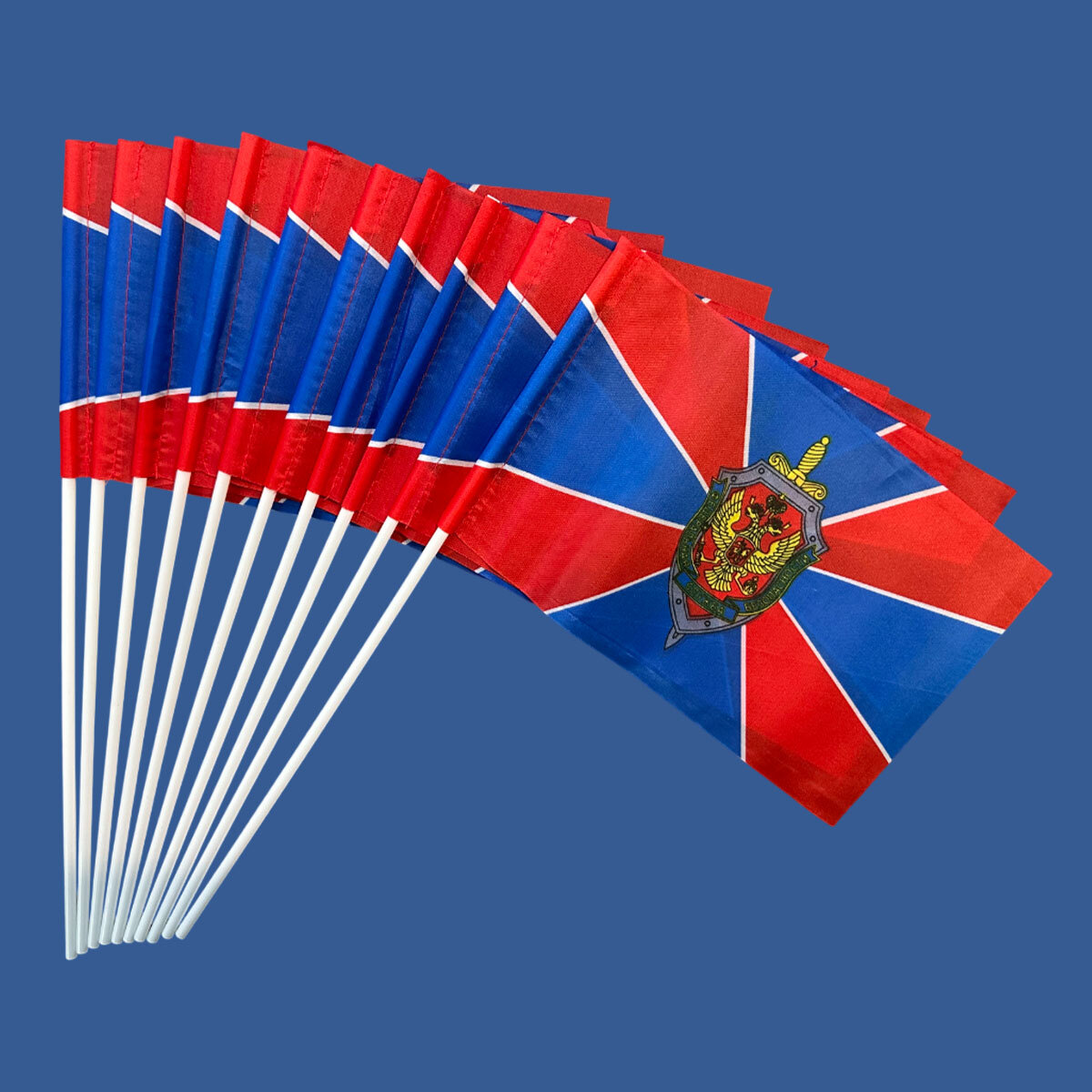 Комплект флажков ФСБ России на палочке (5шт); размер 15х23 см; материал: полиэфирный шелк