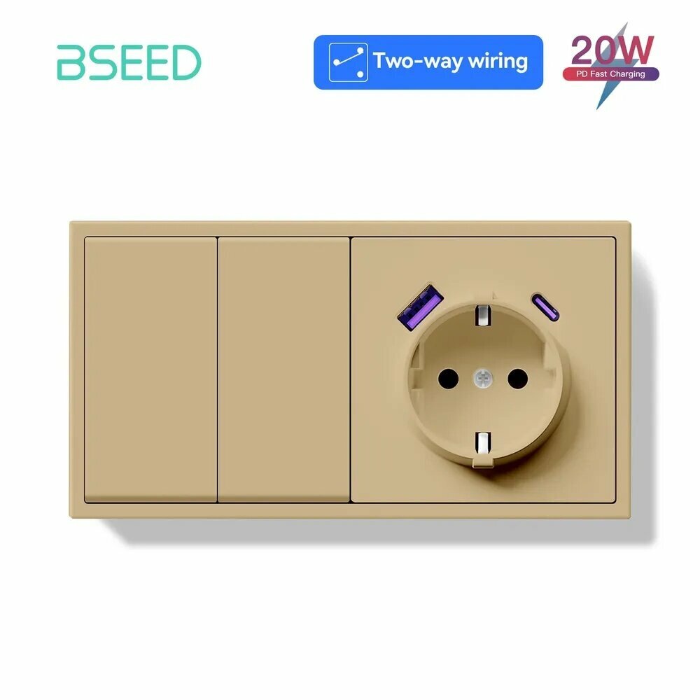 Выключатель проходной (переключатель) с розеткой с USB и TYPE-C,20W