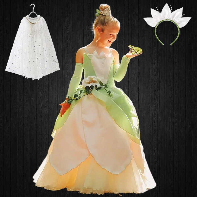 Бутиковая принцесса для девочек, дневная Принцесса и лягушка, Детский костюм для косплея на Хэллоуин, зеленые платья для малышей