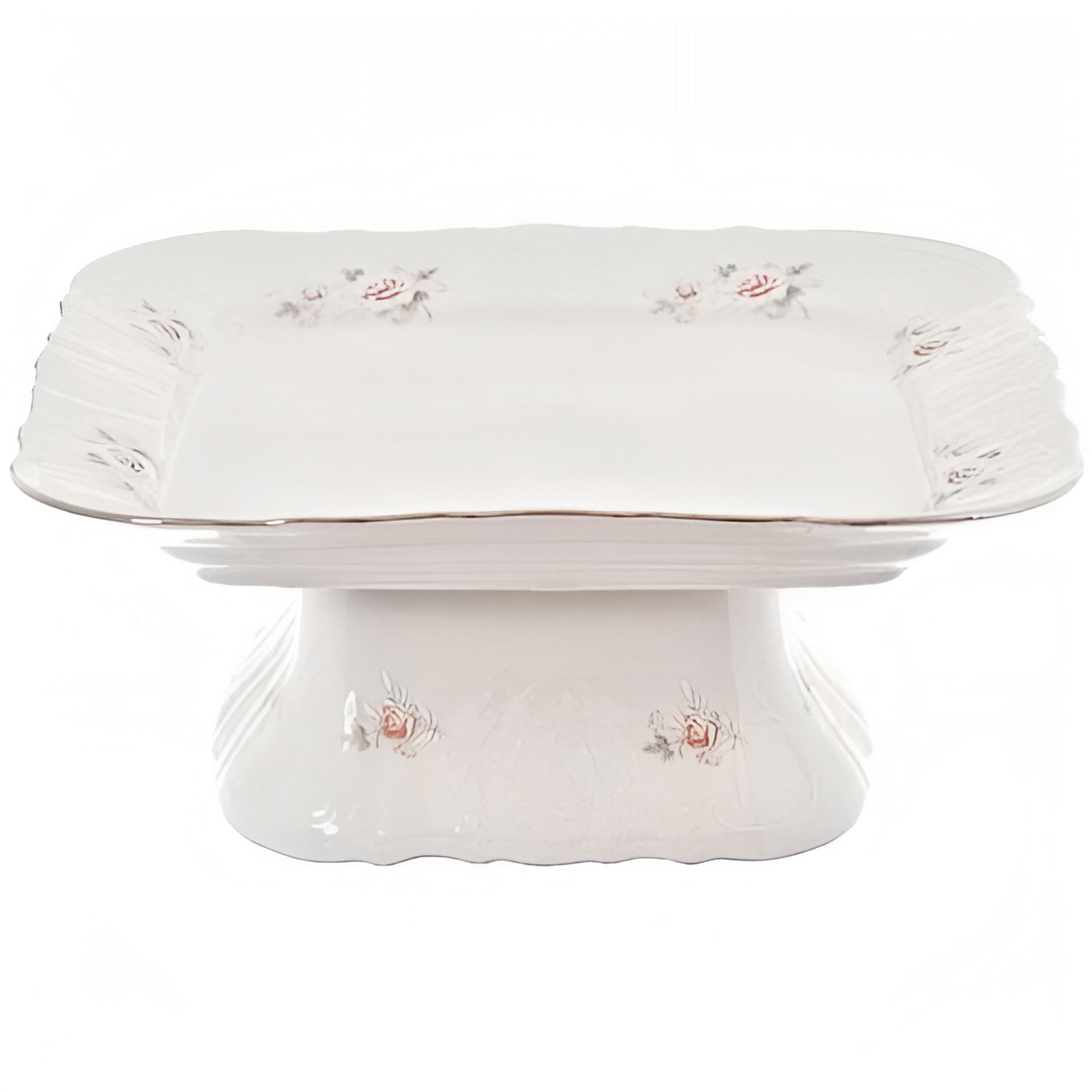 Поднос 26 см на квадратной ножке; "Bernadotte", декор "Бледные розы, отводка платина", Thun/ БТФ1452