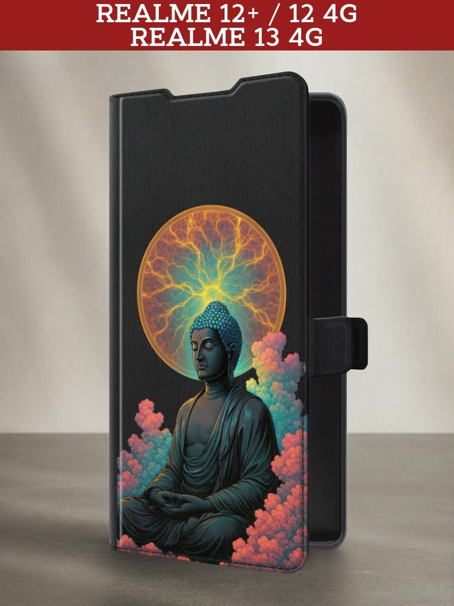 Чехол-книжка на Realme 12 Plus/Realme 12 4G/Realme 13 4G / Реалми 12 Плюс с принтом Монах медитирует 3, черный