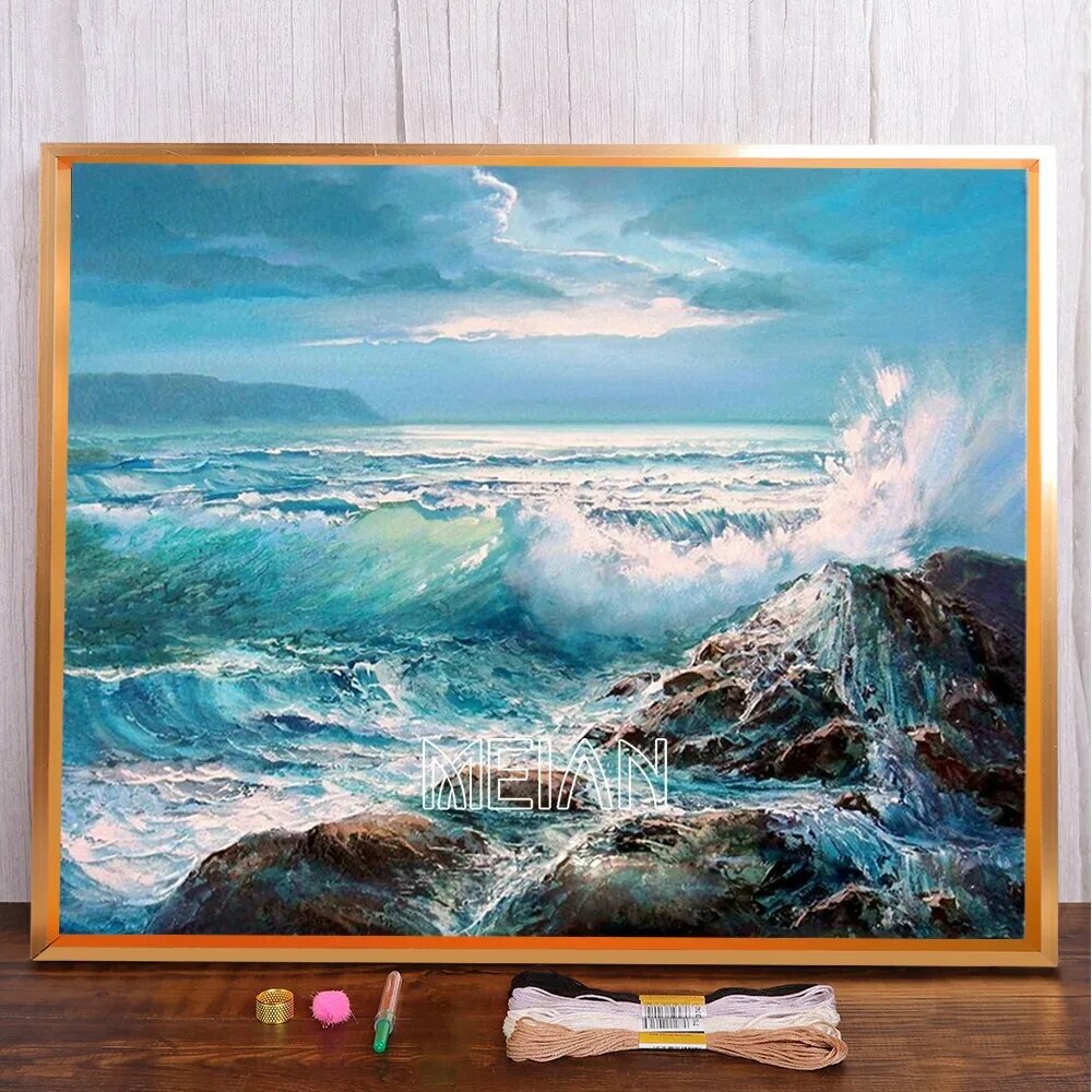 MEIAN Набор для вышивания,40x30CM, Чистый холст с сеткой,14CT, Пейзаж у моря