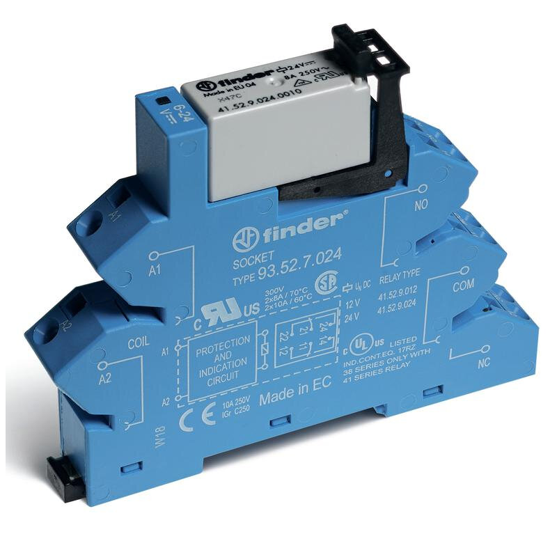 Модуль интерфейсный (сборка 41.52.9.024.0010 + 93.52.0.024) электромеханич. реле 2CO 8А AgNi 24В AC/DC IP20 безвинт. клеммы пружин. зажим, FINDER 386200240060 (1 шт.)