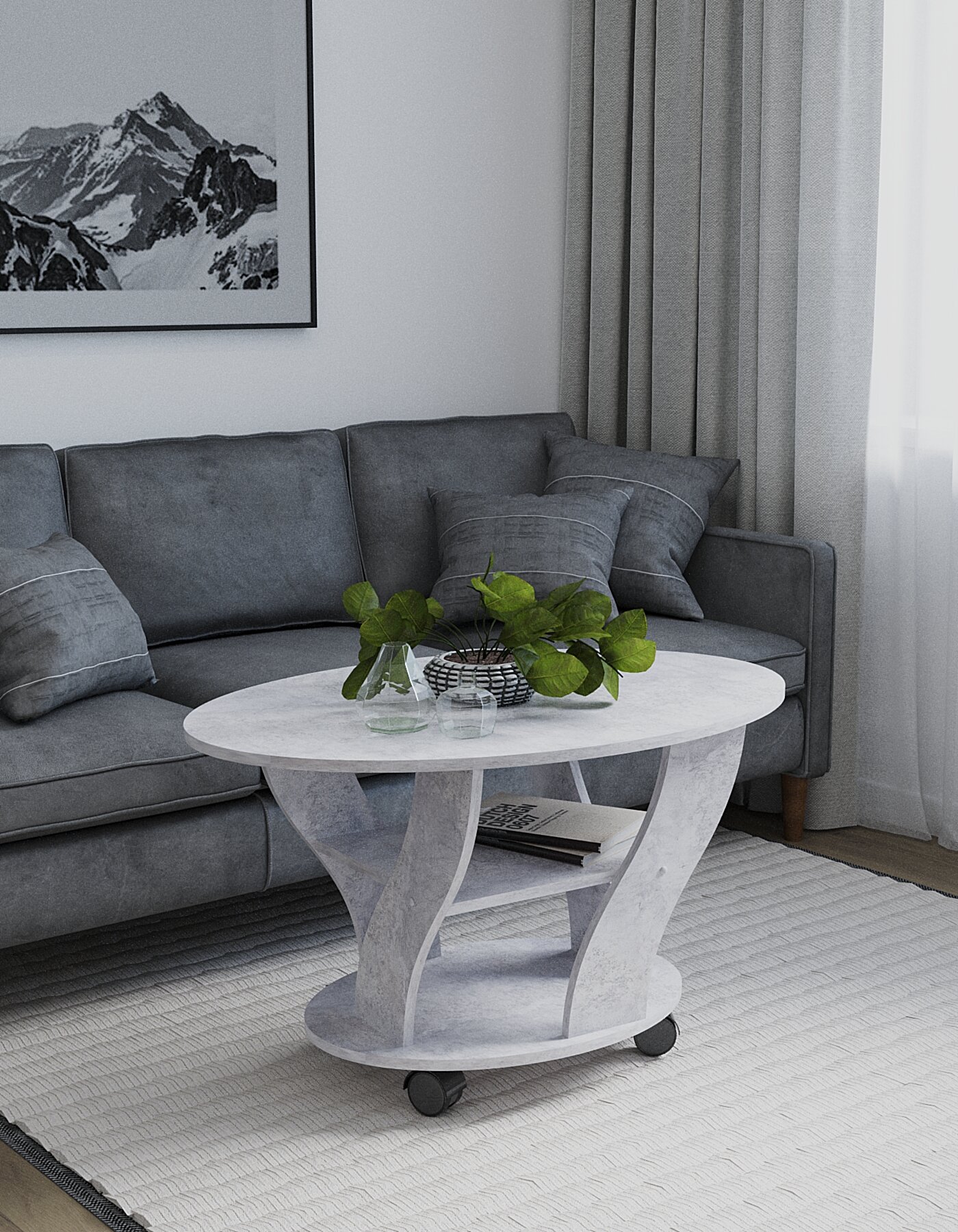 Стол журнальный с овальной столешницей и полкой, на колесиках, цемент/светло-серый/бетон