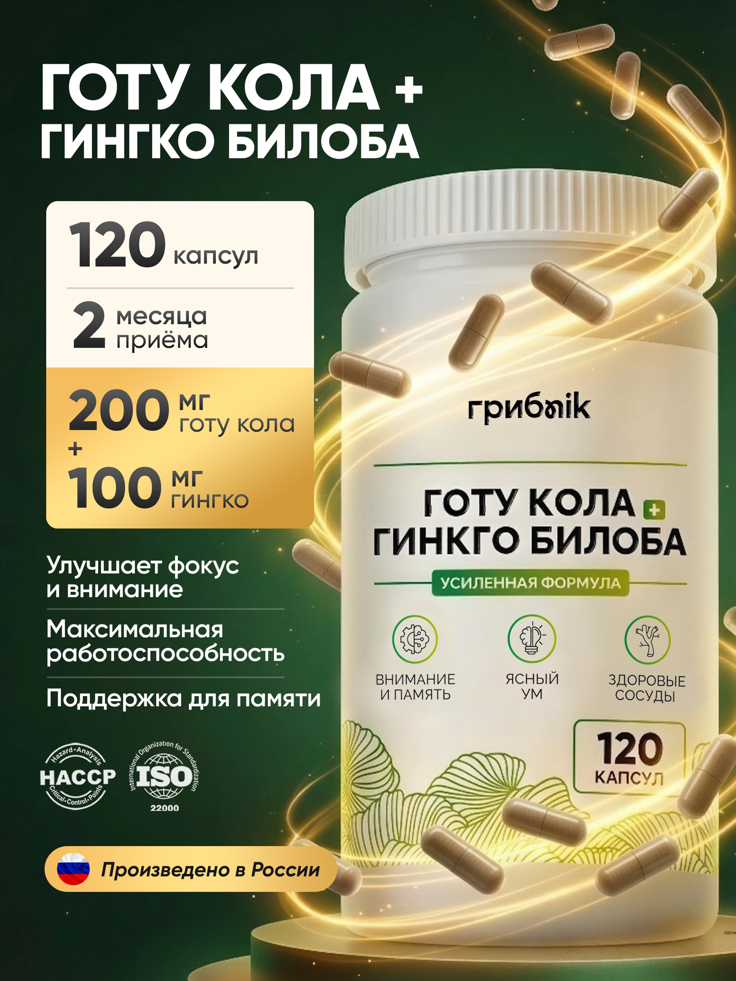 Гинкго Билоба с готу кола для сосудов, мозга, памяти, внимания 120 капсул