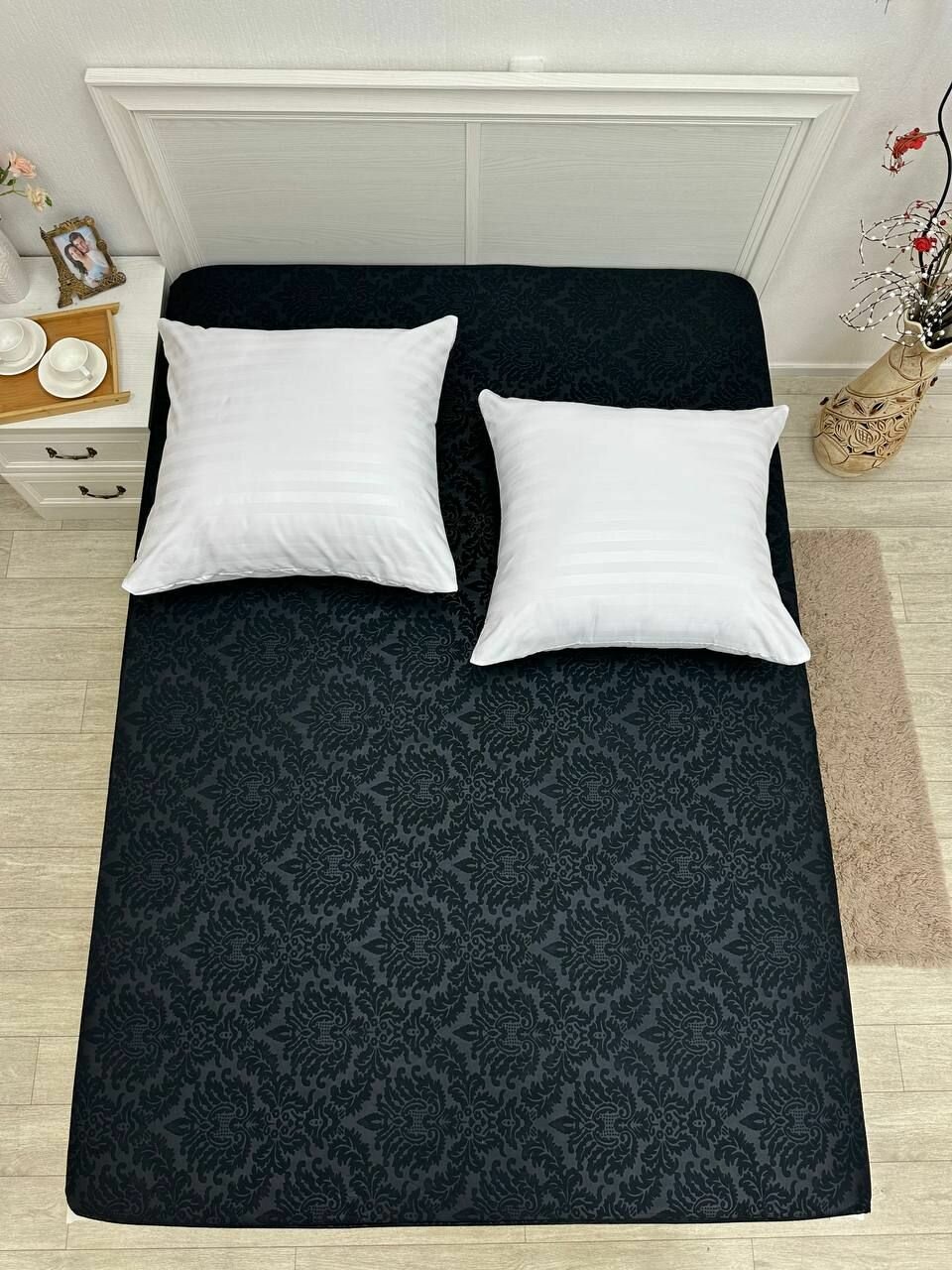 Простыня SOANA, полиэстер и хлопок, гипоаллергенная, на резинке, черная, 90 x 200см