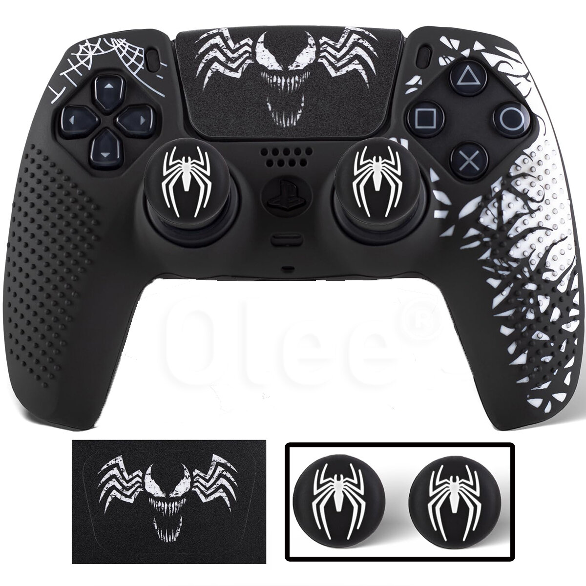 Нескользящий силиконовый чехол для контроллера PS5 с колпачками, для джойстиков x 2 и наклейкой x 1-Напечатайте черный паук + наклейка + вогнутая крышка