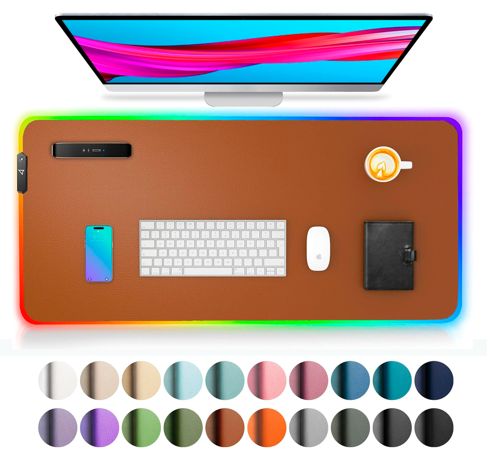 Коврик для мыши и клавиатуры с RGB подсветкой 40 см х 80 см , защитный, большой, водонепроницаемый, кожаный, коричневый