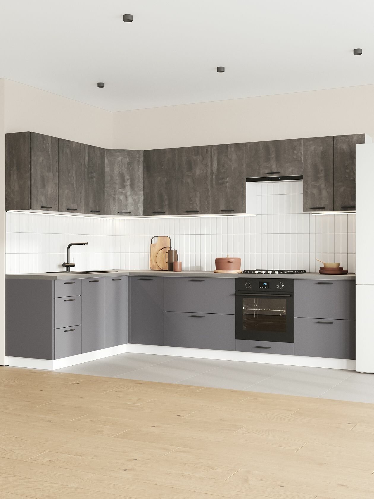 Кухонный гарнитур угловой Урбан 3х1.8 м, мебель для дома и кухни, Белый / Камень темный / Графит серый