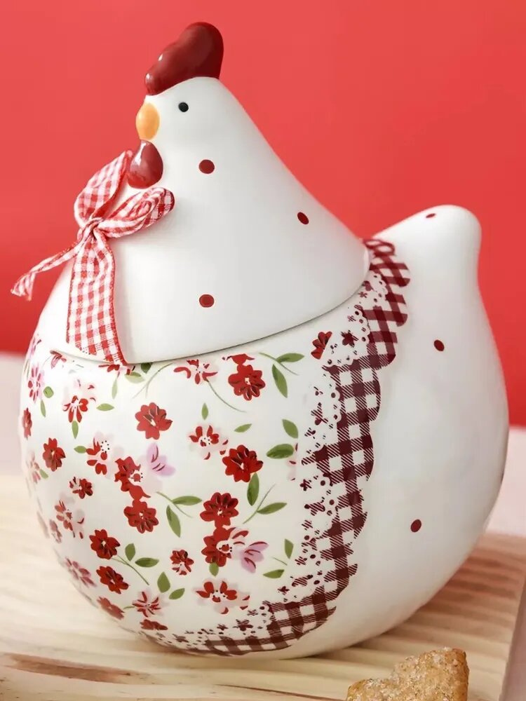 Керамический бак для продуктов в форме курочки, для печенья и сладостей, белый с красным, 1000 мл, 2 шт.