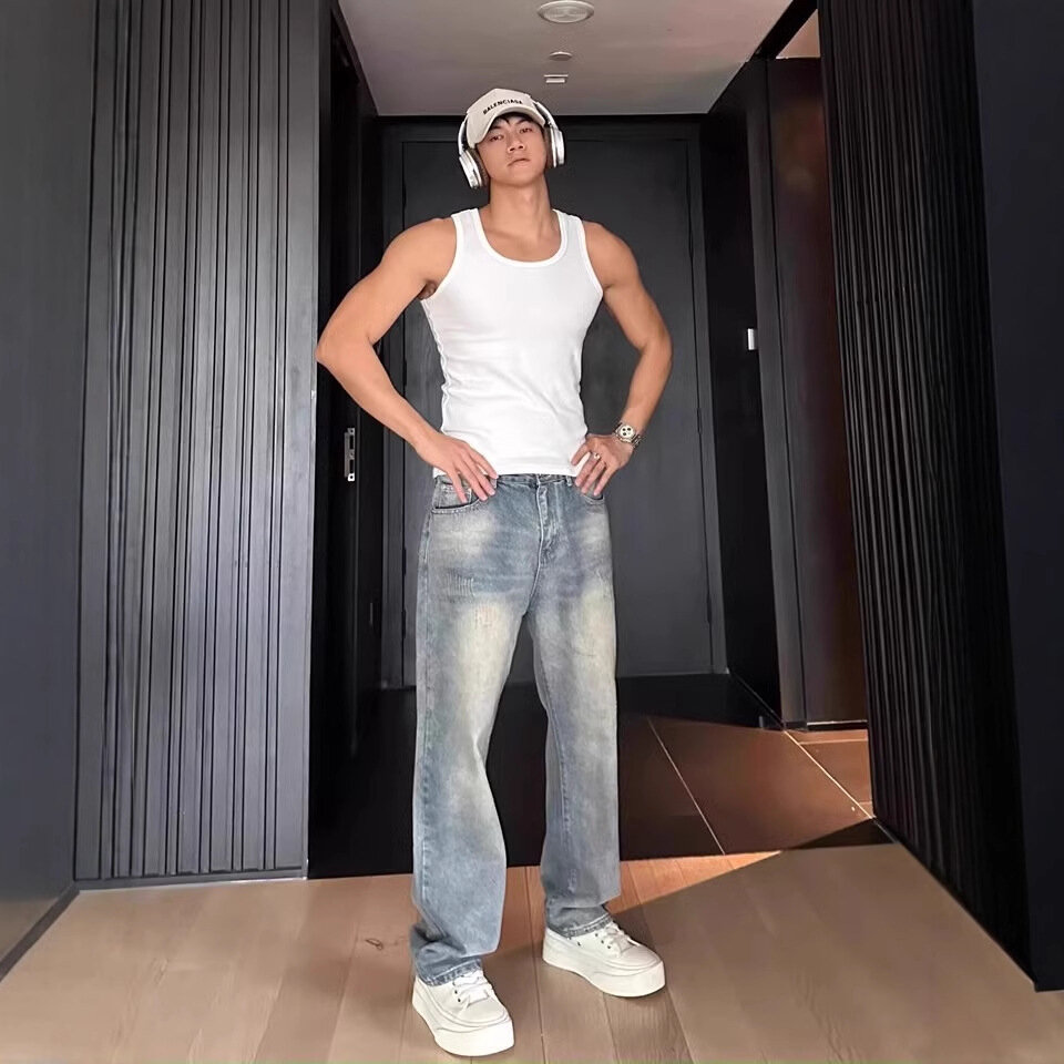 MON Мужские Джинсы Однотонные Новые Трендовые Слим Белые Кэжуал Деним, Размер_XXL