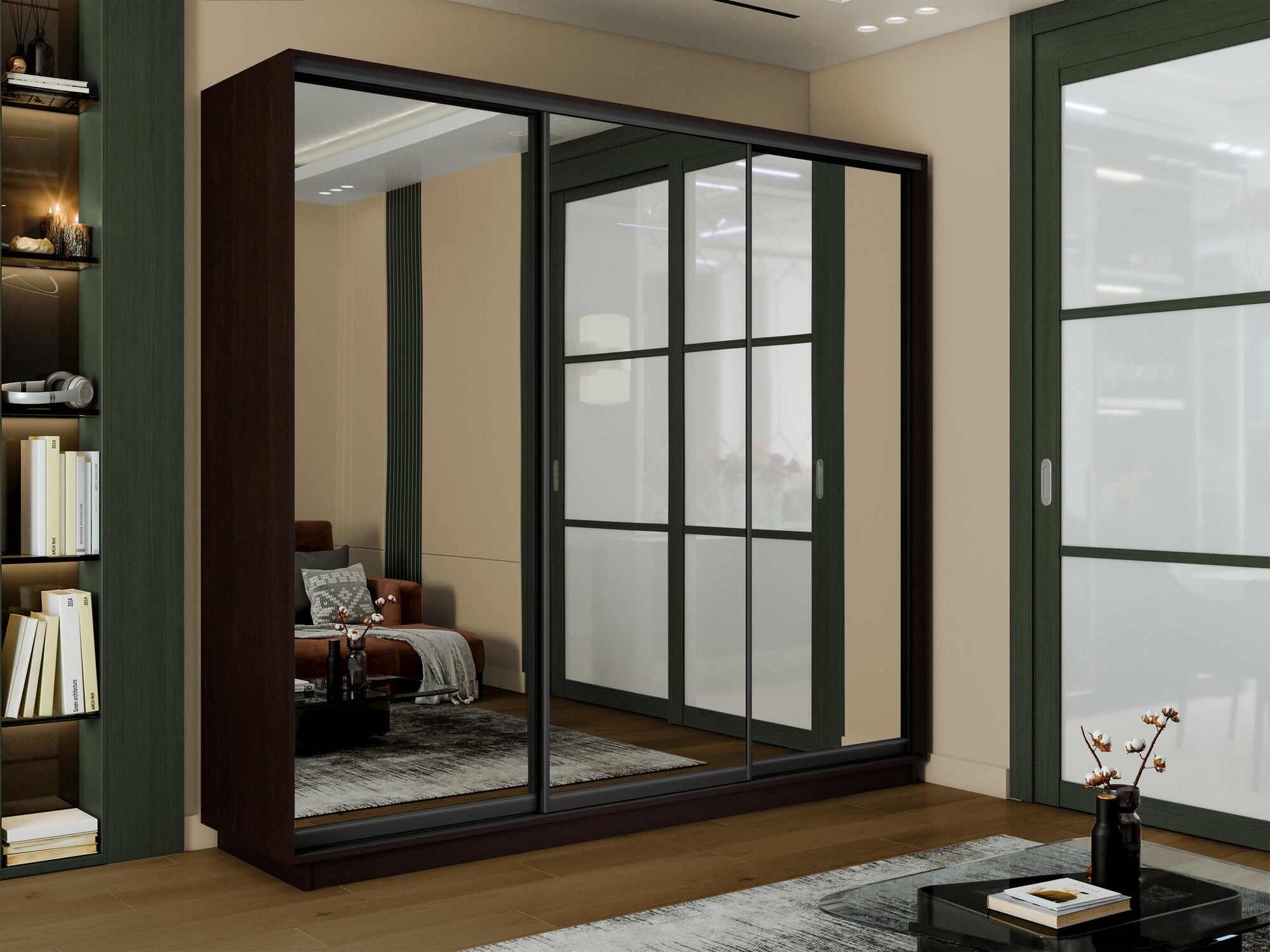 Шкаф купе Вилли 3-х дверный ЛДСП, зеркальные двери, профиль черный 240 см х 240 см х 60 см (Венге)