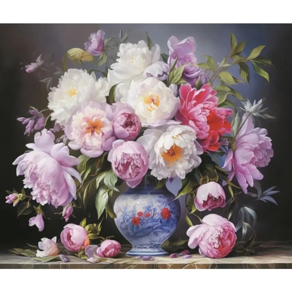 Алмазная Мозаика "Букет Пионов. Цветы" 30х40 См Алмазная Вышивка / Картина Стразами Подарков / Украшения