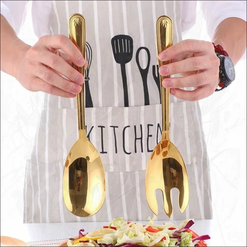 Набор вилка и ложка для салата 2 предм. золотой, белый