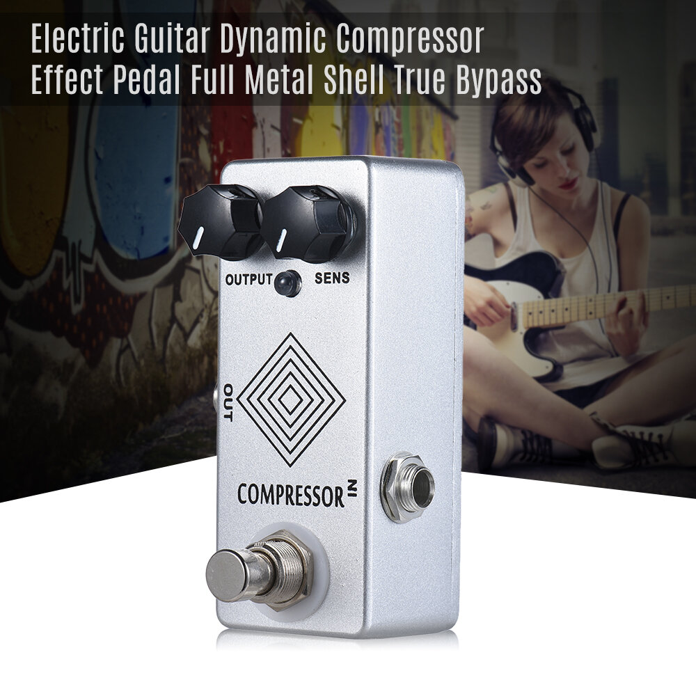 Электрогитарный эффектный педальный компрессор Dynamic Compressor Full Metal True Bypass с 2 регулировочными ручками OUTPUT/SENS, LED индикацией, входом 1/4" моно, выходом 1/4" моно, питанием DC 9V (адаптер не включен), размером 9.3*3.8*3.2cm,