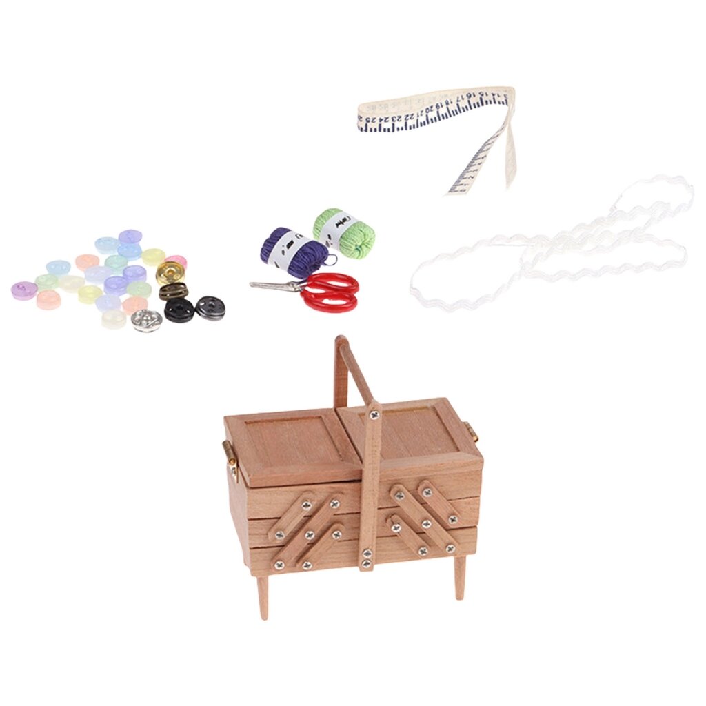 1. 1/12 Miniature Antique Sewing Box Functional Wooden Thread For Display