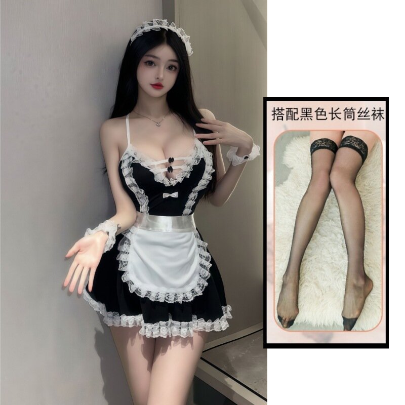 Милая и игривая форма горничной, соблазнительный наряд горничной, милый кружевной комплект нижнего белья для ролевых игр. Черно-белое + черные чулки.