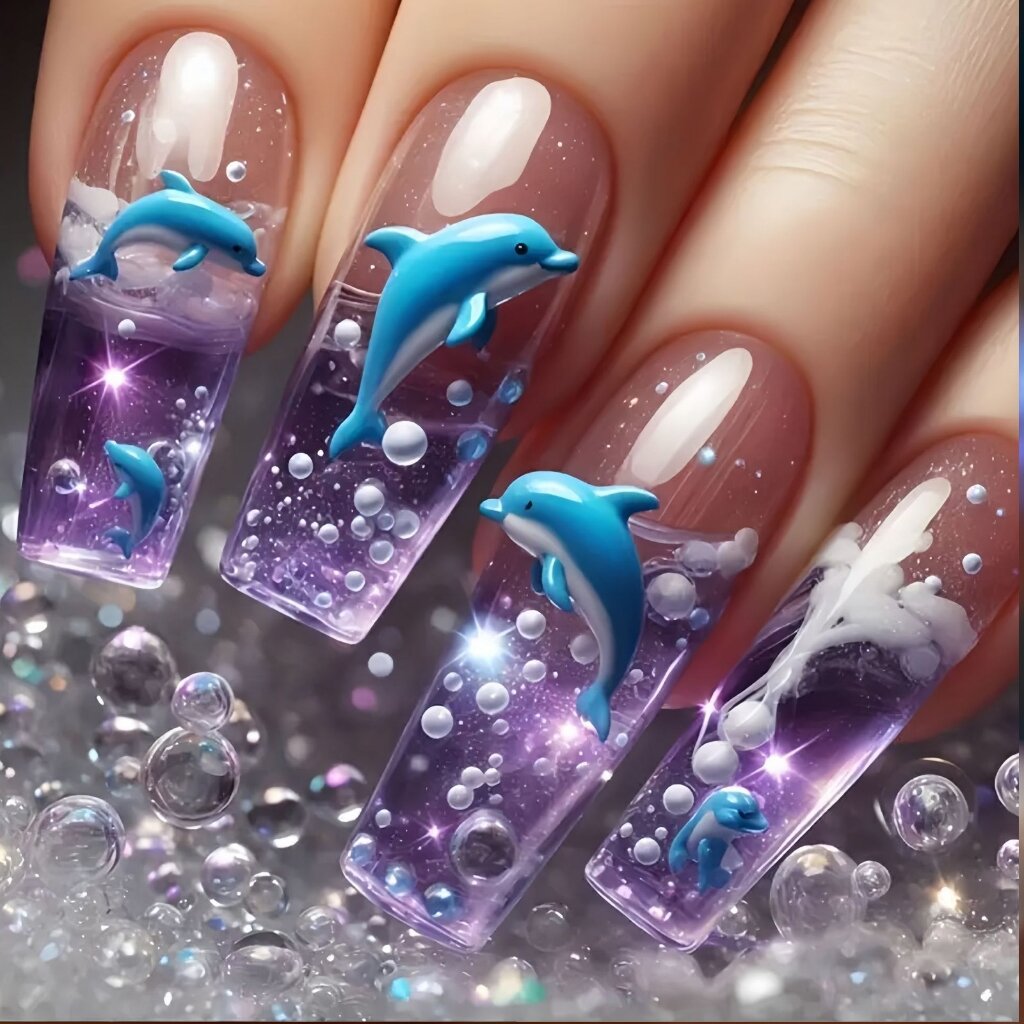 Искусственный Ноготь Средней Квадратной Формы С Бесшовной Посадкой в Виде Голубого Пресса На Ногте В стиле Дельфинов 24шт