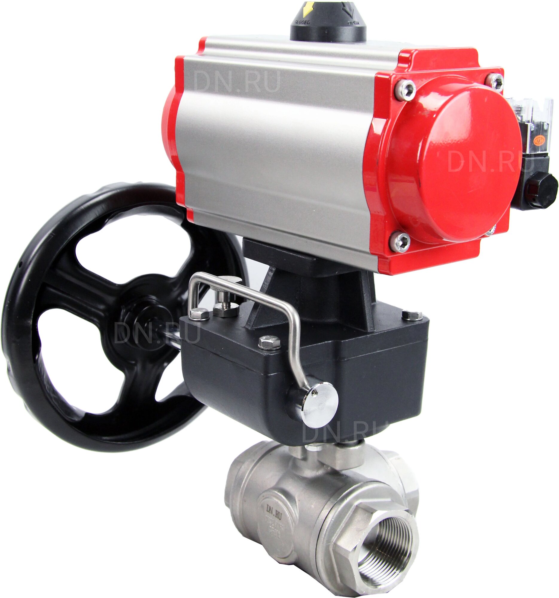 Кран шаровой DN.ru RP. SS316.200. MM.015-ISO Ду15 Ру63 стандартнопроходной трехходовой L-тип, нержавеющая сталь SS316, внутренняя резьба, PTFE, с ISO-фланцем пн. приводом DA-065, пн. распределителем PND2-S1EM-52-1NC-J08-220VAC и ручным дублером HDM-1