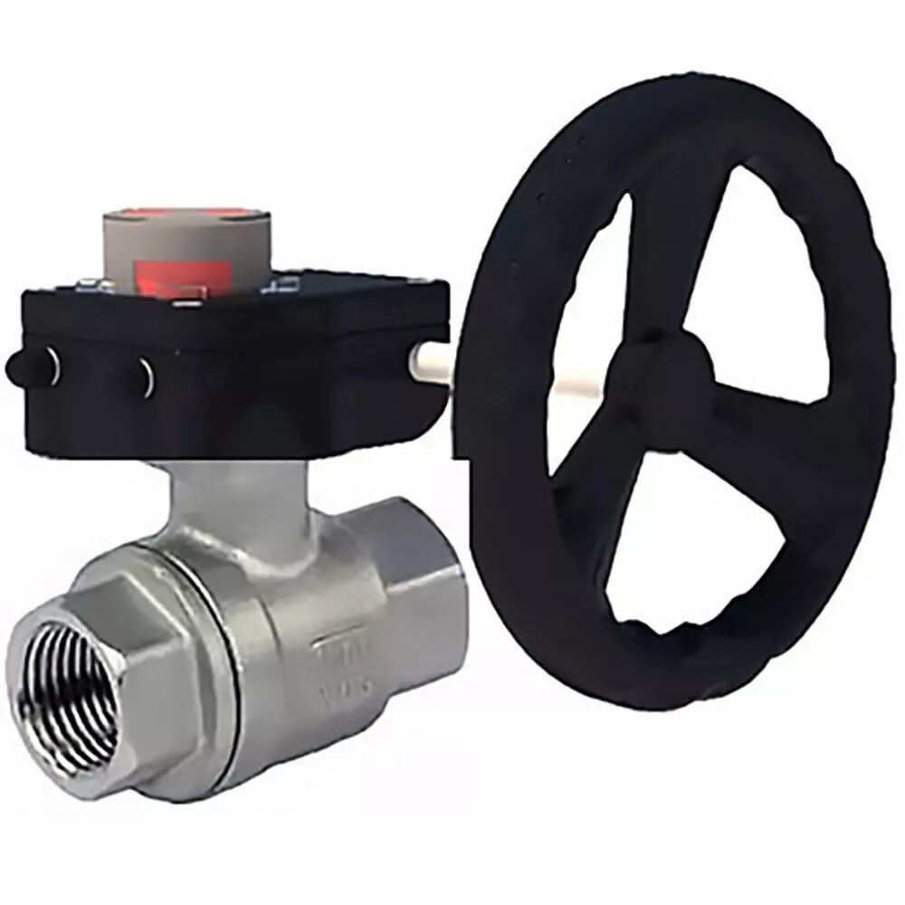 Кран шаровой DN.ru кшмп.316.230-ISO 1/2" Ду15 Ру63 полнопроходной двухходовой, нержавеющая сталь SS316, внутренняя резьба, уплотнение - PTFE, с редуктором DN.ru HGB-1