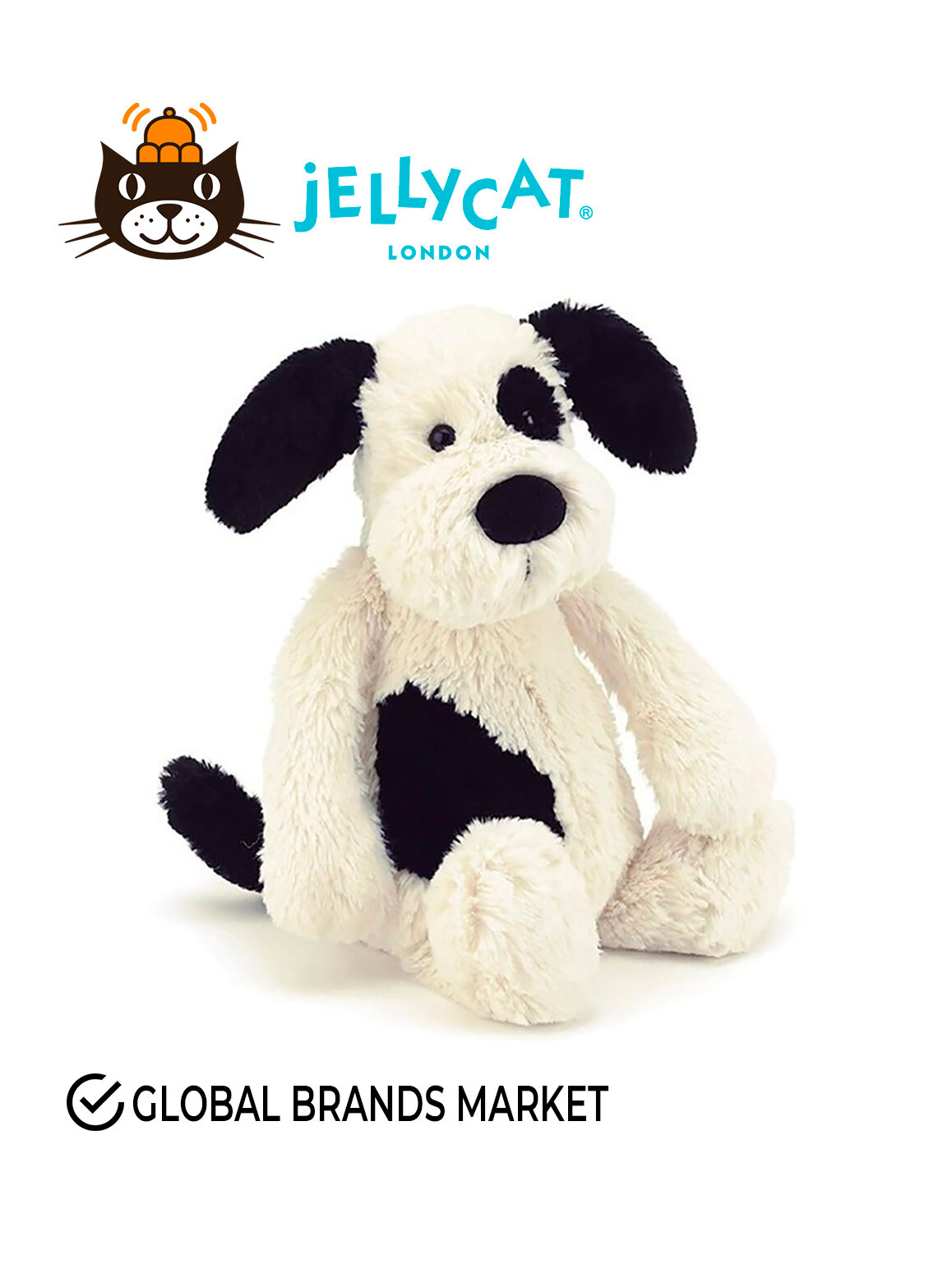 Игрушка плюшевая щенок JELLYCAT Bashful Black & Cream Puppy собачка 31 cм, белый/черный