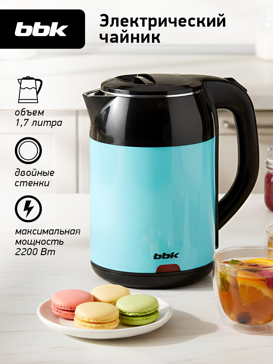 Чайник электрический BBK EK1709P черный/бирюзовый, объем 1,7 л, мощность 1800-2000 Вт, двойные стенки
