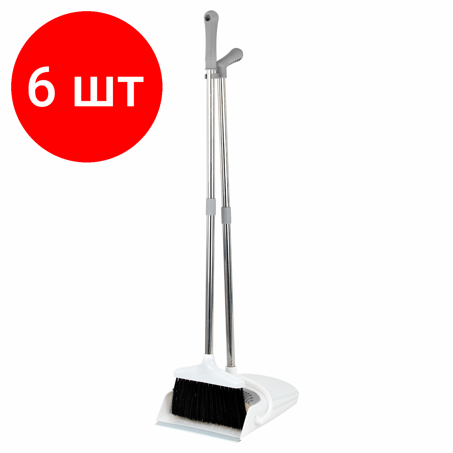 Комплект 6 шт, Совок для мусора + щетка на длинных рукоятках 77 см (металл), бело-серый, разборный, LAIMA, 608947