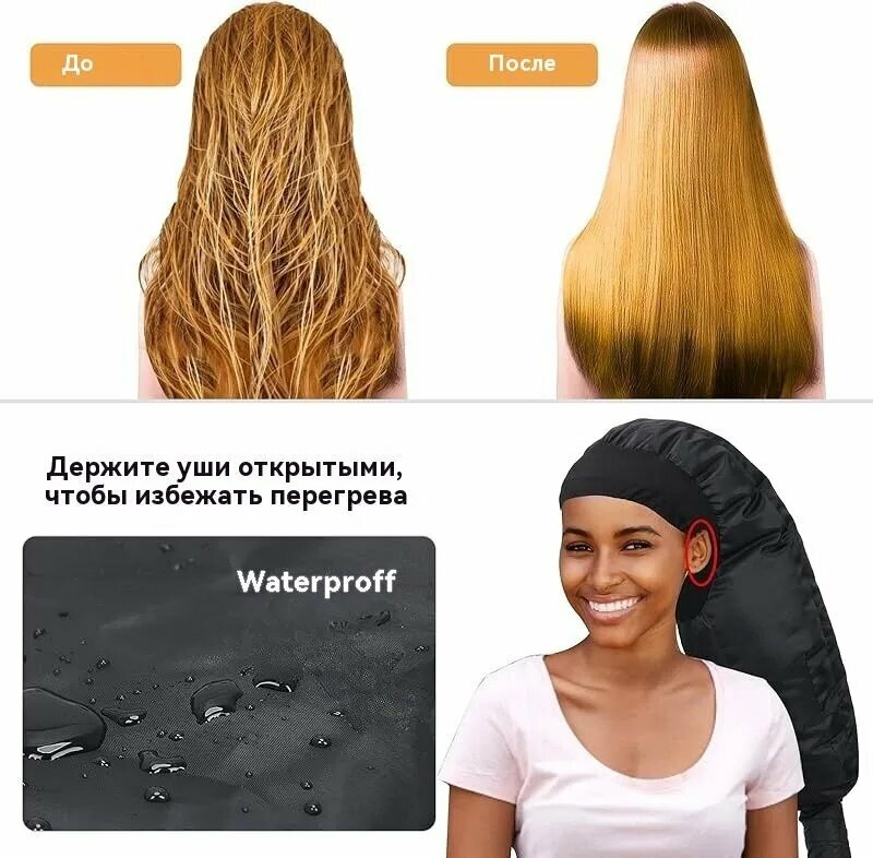 Термошапка/Сушуар климазон для салонного ухода дома/Насадка на фен для быстрой сушки, укладки, ламинирования волос, черное