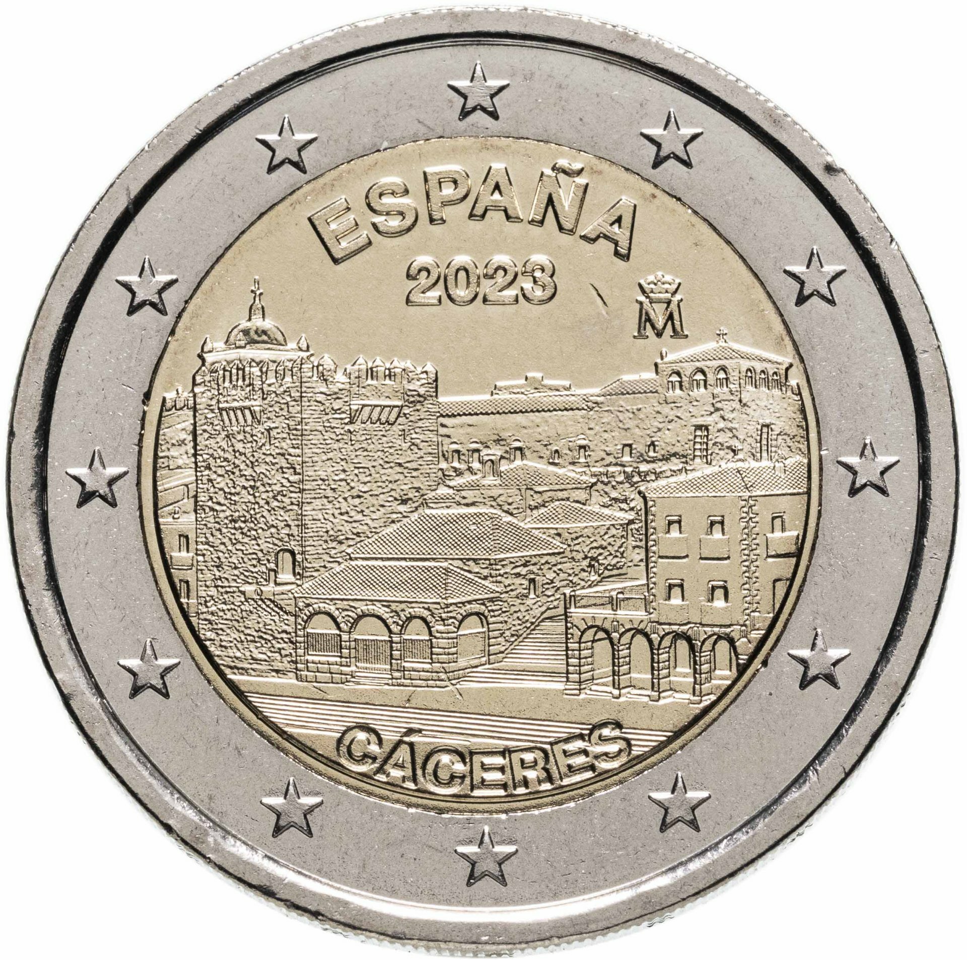 Испания 2 евро 2023 "Старый город Касерес", Биметалл, в сохранности UNC
