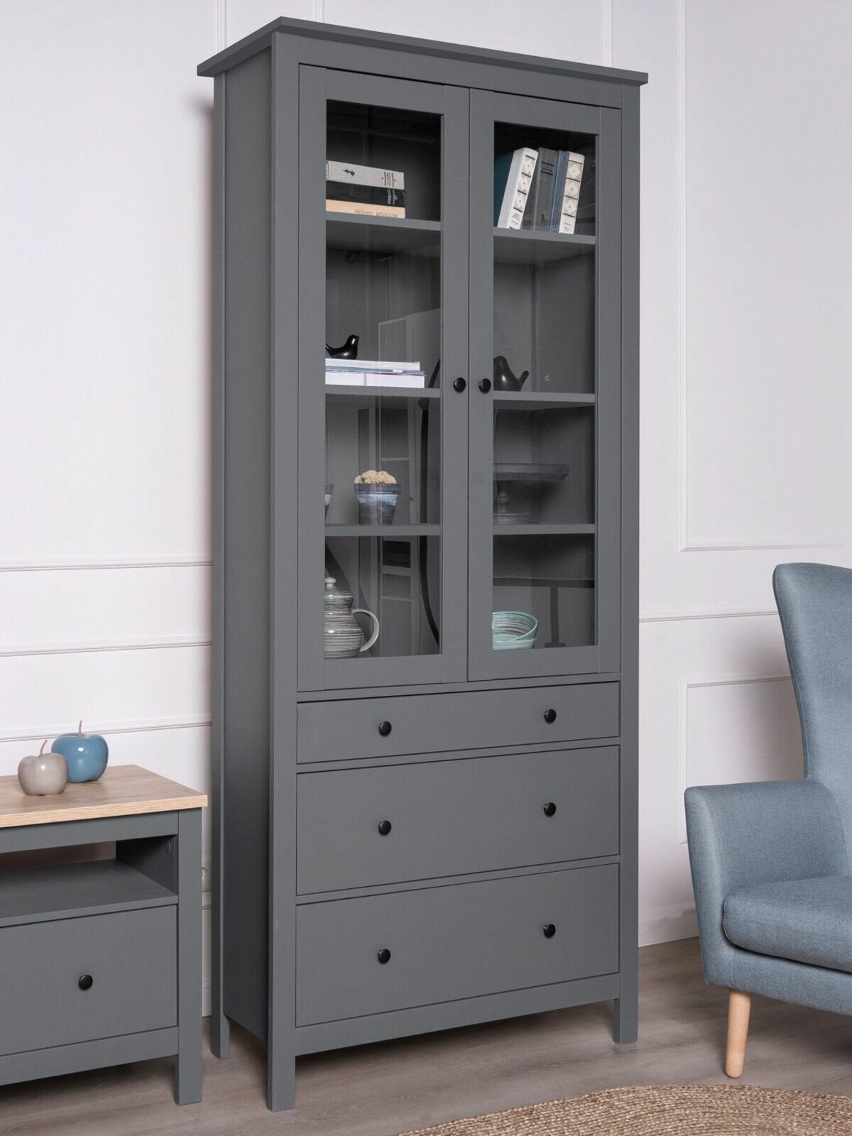 Шкаф с витриной Сага, 90х41х215 см, серый, ГУД лакк