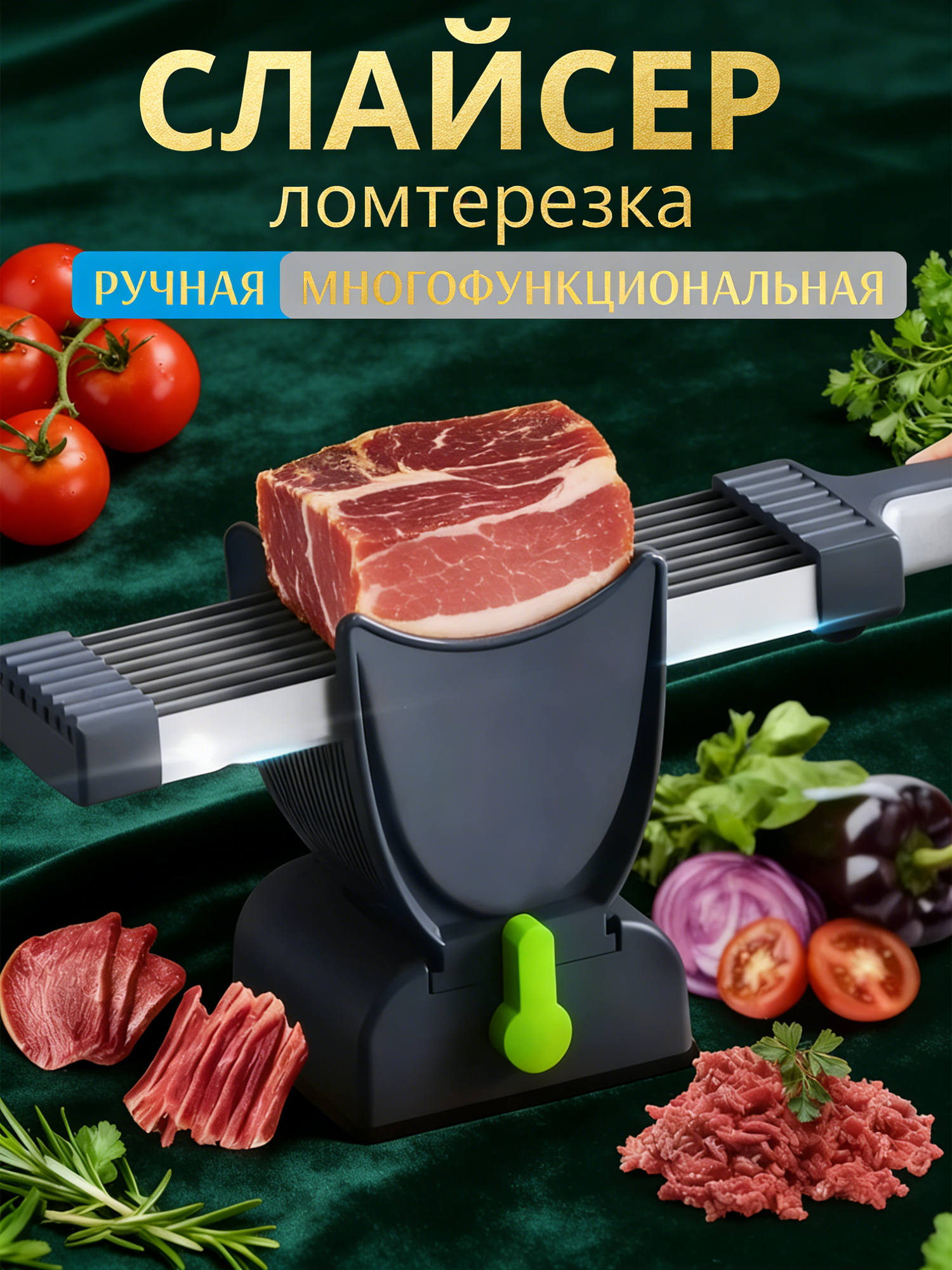 Слайсер, используемый для нарезки мяса на ломтики, которые можно нарезать ломтиками, полосками и частицами
