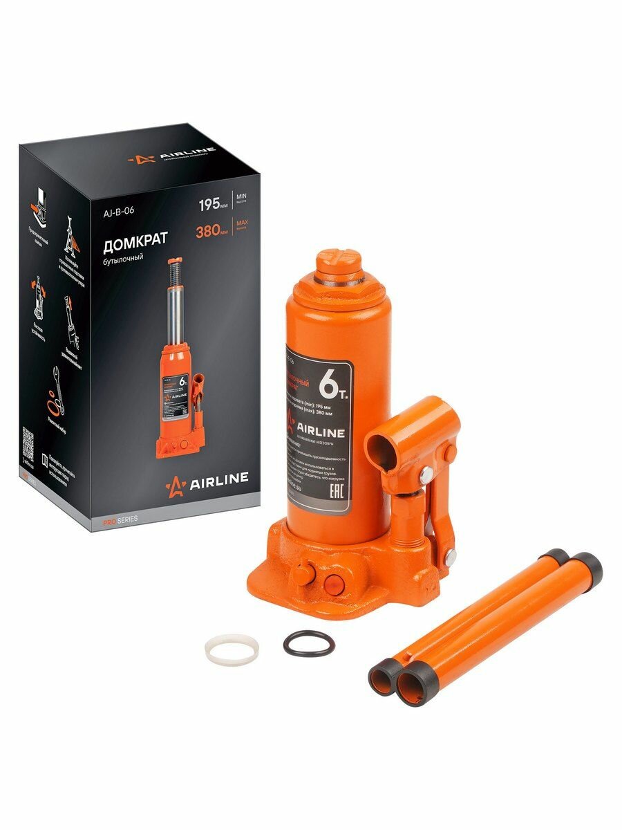 Домкрат бутылочный 6т 195-380 мм PRO, AIRLINE AJB06