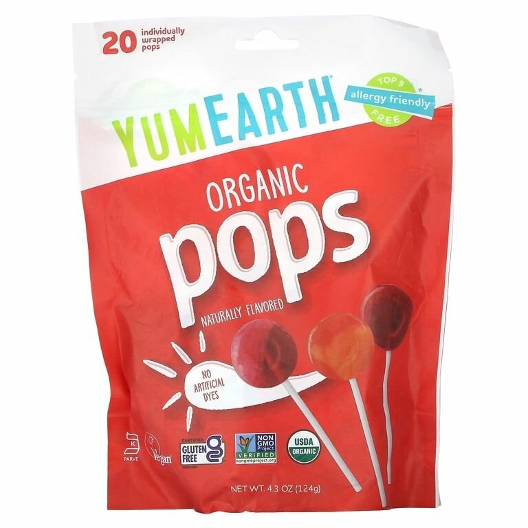 YumEarth, органические леденцы, ассорти, без глютена, Organic Pops, 20 леденцов