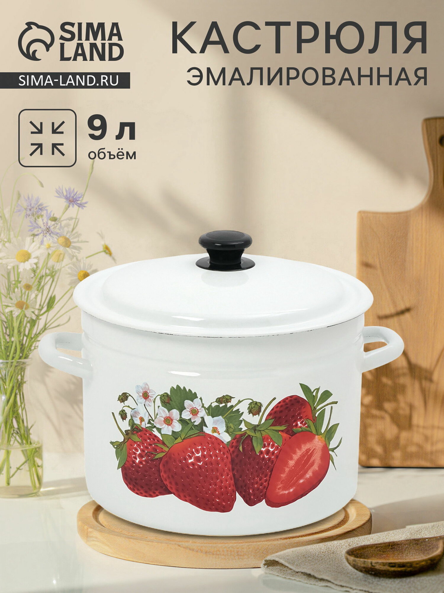 Кастрюля эмалированная, 9 л, d=26.5 см, с крышкой, белая, тип плиты: для газовой плиты