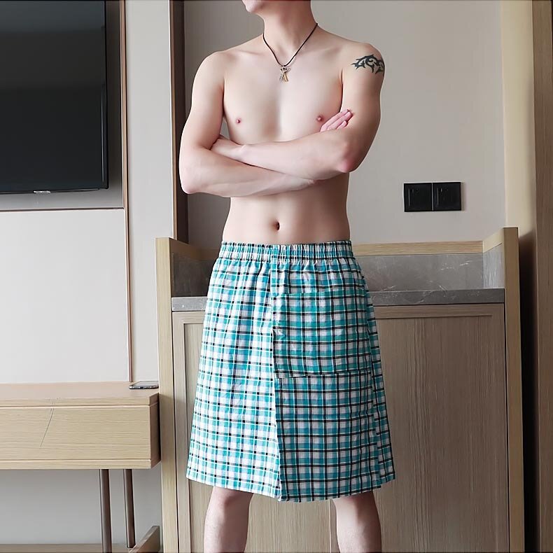 Настоящая ночная рубашка в клетку для мужчин от производителя AIBC, домашняя юбка для ванной, хлопковая, дышащая, сексуальное мужское нижнее белье