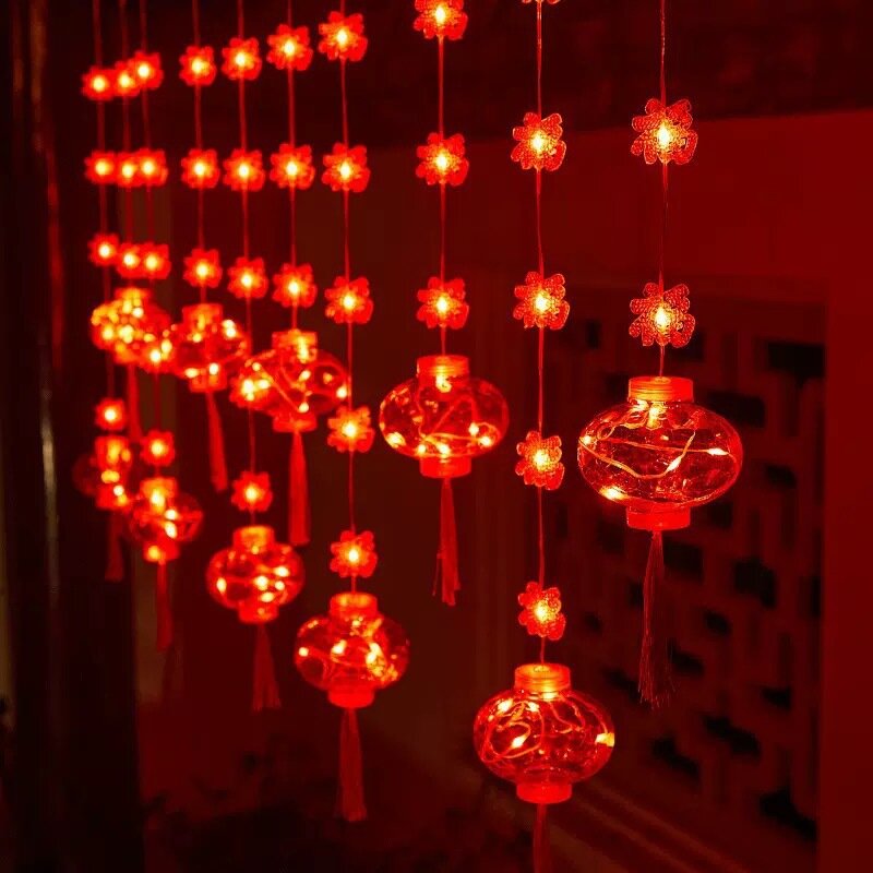 Светодиодные гирлянды-занавесы «Красный фонарь» 2025 года для создания новогодней и весенней атмосферы, праздничное освещение для помещений.